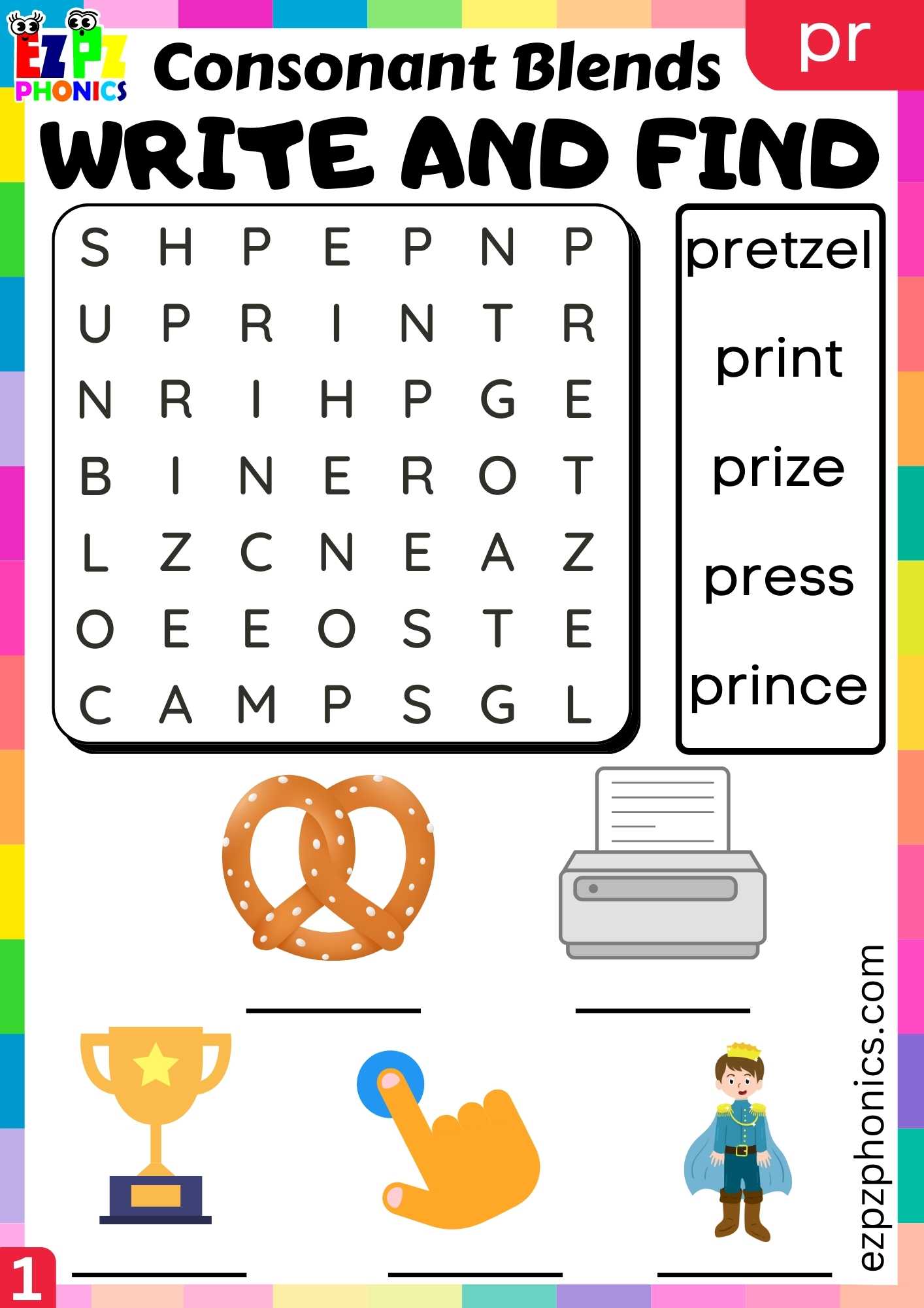 Group1 PR Words Write And Find Phonics Consonant Blends Worksheet - ezpzphonics.com